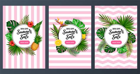 여름 세일 할인 포스터 세트 열대 배너 디자인 템플릿입니다 벡터 만화 녹색 손바닥 잎 배경 0명에 대한 스톡 벡터 아트 및 기타