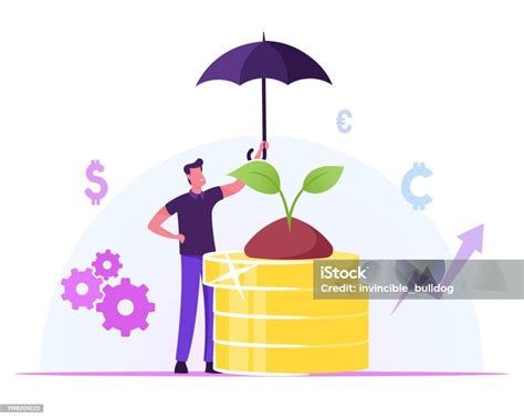 기업의 책임 사회적 시민 의식 개념 주위에 비즈니스 아이콘 황금 동전의 더미에 성장 하는 녹색 식물의 우산 관리를 들고 사업가 Csr 만화 플랫 벡터 일러스트 개념에 대한