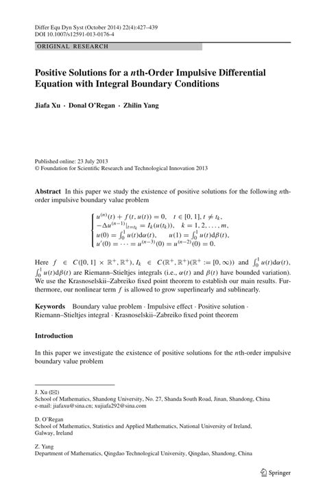 Pdf Positive Solutions For A Nth Order Impulsive Differential