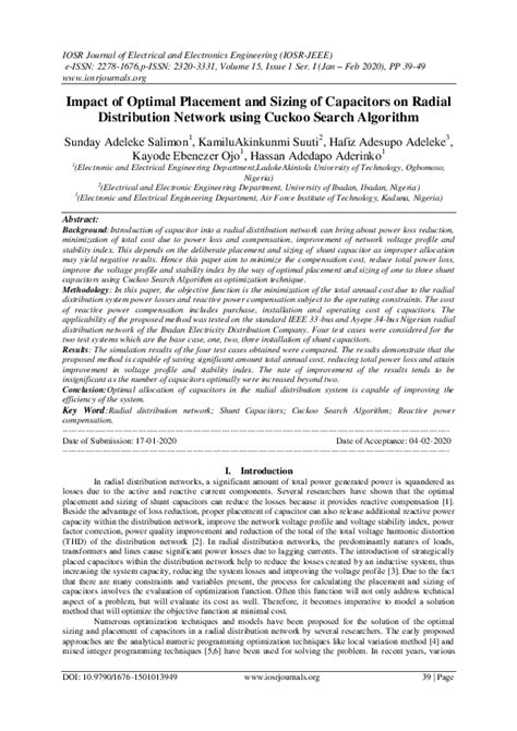 Pdf Impact Of Optimal Placement And Sizing Of Capacitors On Radial Distribution Network Using