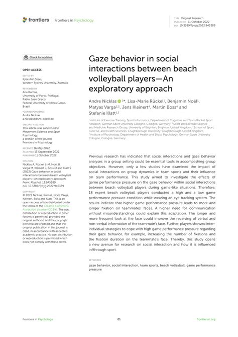 Pdf Gaze Behavior In Social Interactions Between Beach Volleyball Players—an Exploratory Approach