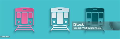 파란색 배경에 격리 된 종이 컷 기차 및 철도 아이콘 대중 교통 기호 지하철 열차 교통편 지하철 지하 종이 아트 스타일 벡터 3차원 형태에 대한 스톡 벡터 아트 및 기타