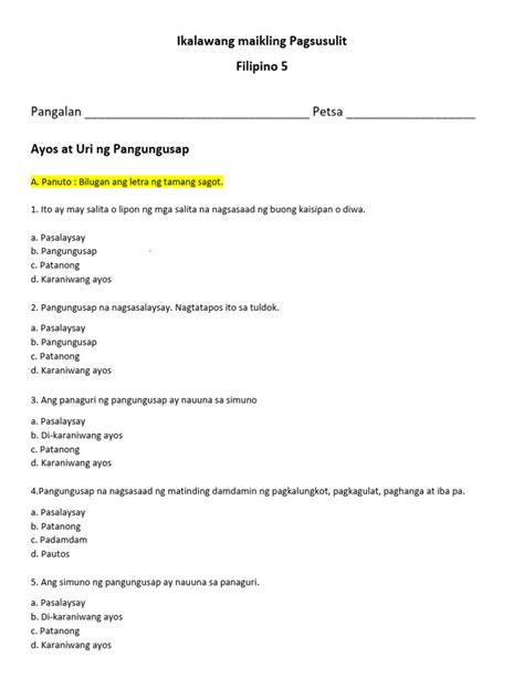 Ayos At Uri Ng Pangungusap Pdf