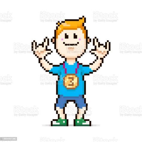 세 번째 장소의 동메달을 가진 만화 캐릭터 쾌활한 캐릭터의 간단한 벡터 플랫 픽셀 아트 일러스트 레이 션 3에 대한 스톡 벡터 아트 및 기타 이미지 Istock