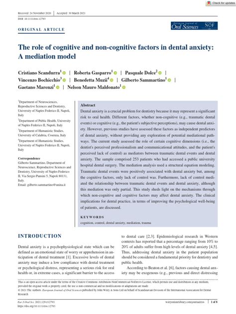 2021 Scandurra The Role Of Cognitive And Non Cognitive Factors In Dental Anxiety A Pdf