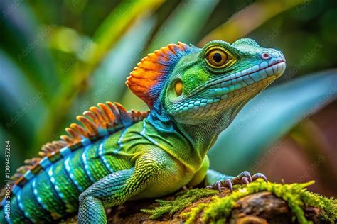 Striped Basilisk Lizard Displaying Vibrant Colors In A Tropical Rainforest Environment Stock