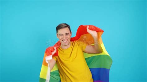 Man Dancing And Laughing Waving A Lgbt Rainbow Flag Stock Video Video