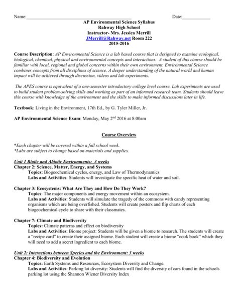 AP Environmental Science Syllabus Rahway High Babe