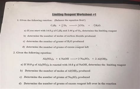 Solved Limiting Reagent Worksheet 1 Given The Following