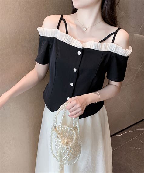 포앤바이앤 오프숄더 블라우스 쉬폰 롱스커트 투피스 스트랩 프릴 앞단추 반팔 크롭 블랙 블라우스 And 허리밴딩 플레어 A라인 롱 스커트 세트 셋업 여신 우아한 단아한