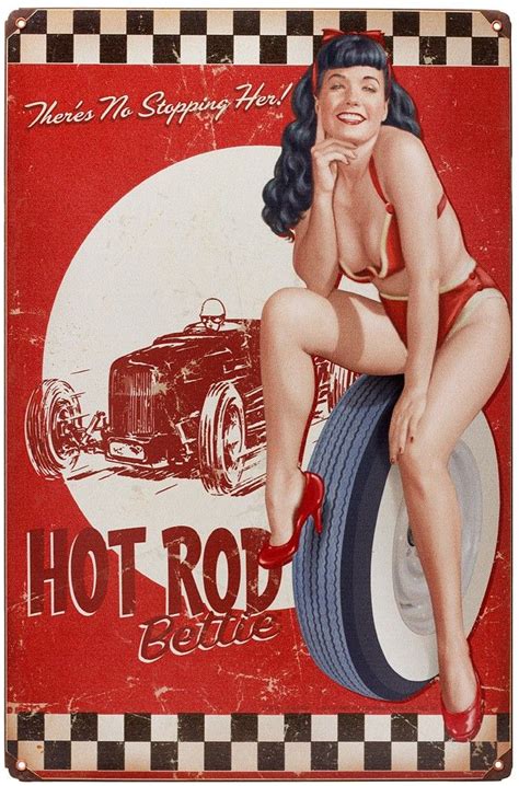 Retro A Go Go Bettie Page Hot Rod Tin Sign Pinup Garota Pinup Pin