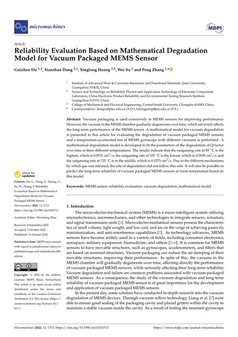 Pdf Reliability Evaluation Based On Mathematical Degradation Model For Vacuum Packaged Mems Sensor