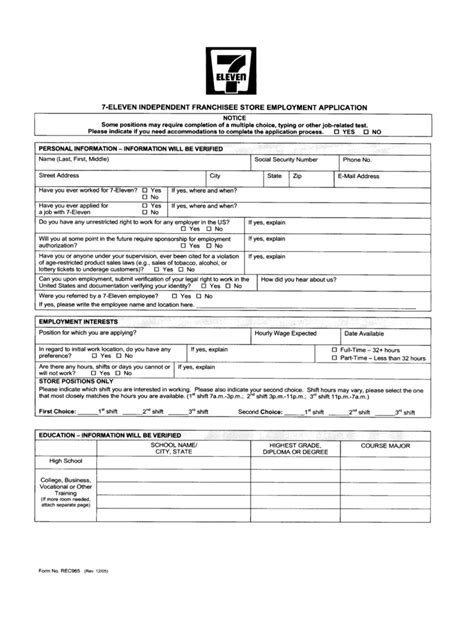 Standard 7 Eleven Store Employment Application Form Edit Fill Sign