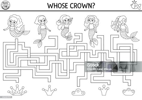 왕관을 가진 아이들을 위한 인어 흑백 미로 해양 유치원 인쇄 가능한 활동 동화 바다 왕국 미로 게임 색칠 공부 페이지 바다 공주가 있는 라인 워크시트 개인 장식품에 대한