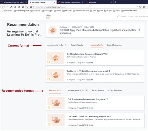 Learner Portal Home Page Menu Order Recommendation Axcelerate Support