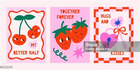 귀여운 컷 아웃 스타일 발렌타인 데이 벡터 카드 손으로 그린 심플한 그루비 일러스트 체리와 딸기 캐릭터 자물쇠와 열쇠 세트 강렬하고 밝은 색상에 대한 스톡 벡터 아트 및