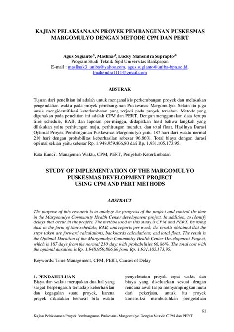 Pdf Kajian Pelaksanaan Proyek Pembangunan Puskesmas Margomulyo Dengan Metode Cpm Dan Pert