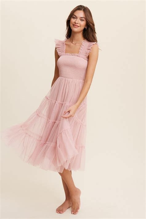 Mauve Smocked Ruffle Tiered Mesh Midi Maxi Dress Pinkblush