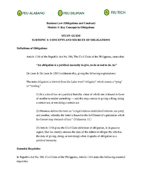 Law On Obligations And Contracts Business Law Obligations And Contract Module 1 Key