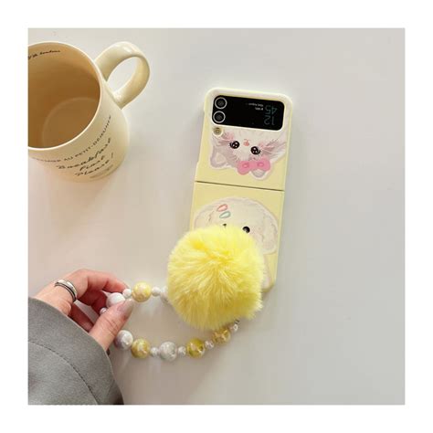 블러셔 말티즈 퍼피 노랑 털구슬 스트랩 케이스 갤럭시 Z플립3 Z플립4 Z플립5