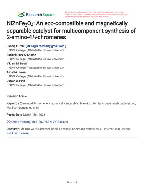 Pdf Niznfe2o4 An Eco Compatible And Magnetically Separable Catalyst For Multicomponent