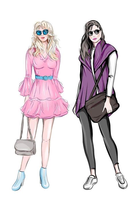 有提包的手拉的美丽的少女 太阳镜的时髦的逗人喜爱的女孩 草图 方式例证 方式二妇女 向量例证 插画 包括有 魅力 衣物 137041670