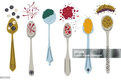 벡터 일러스트 레이 션 컬렉션 Of Allspice 사프란 심황 파프리카 칠리 빈티지 숟가락 플랫 만화 스타일 낙서 디자인 향신료 및 향기로운 조미료 요리용 허브 배경