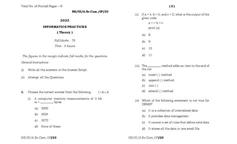 Meghalaya Board Mbose Class 11 Question Paper 2024 For Informatics Practices Aglasem