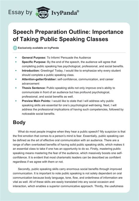 Speech Preparation Outline Importance Of Taking Public Speaking Classes 342 Words Essay Example