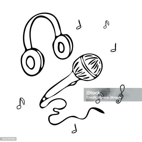 미디어 도구 이어폰 및 마이크 사운드 녹음 장비 방송 시설 핸드리그 벡터 일러스트레이션 팟캐스트 스튜디오 아이템 등고선 그리기 Dj에 대한 스톡 벡터 아트 및 기타 이미지