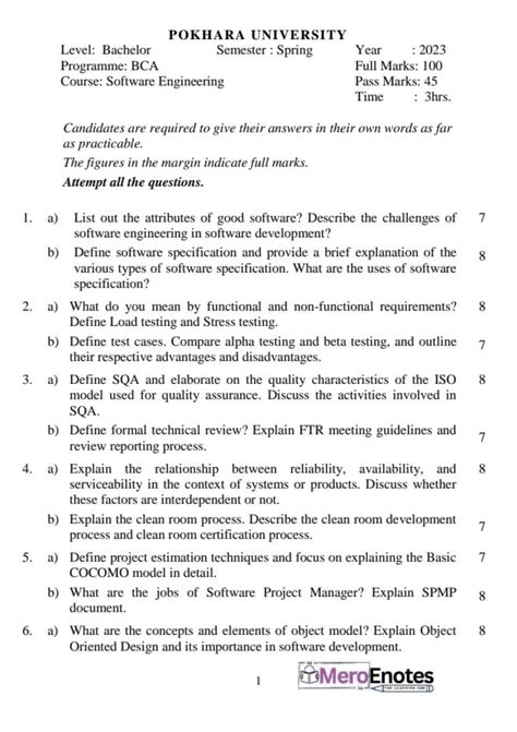 Pokhara University Pu Bca Software Engineering Question Paper 5th Semester Mero Enotes