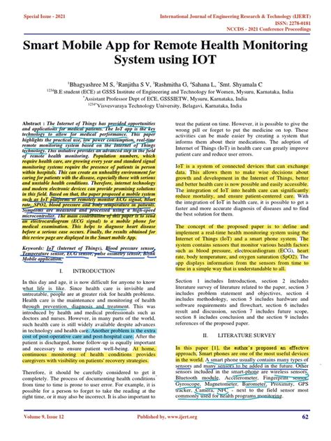 Smart Mobile App For Remote Health Monitoring System Using Iot Ijertconv9is12016 Pdf