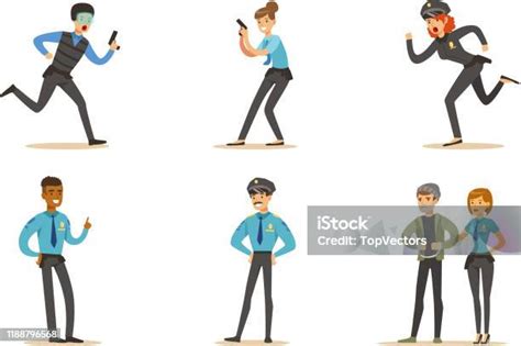 남자와 여자 경찰 문자 에 다른 포즈 와 행동 벡터 일러스트 세트 설정 고립 에 흰색 배경 감시에 대한 스톡 벡터 아트 및 기타