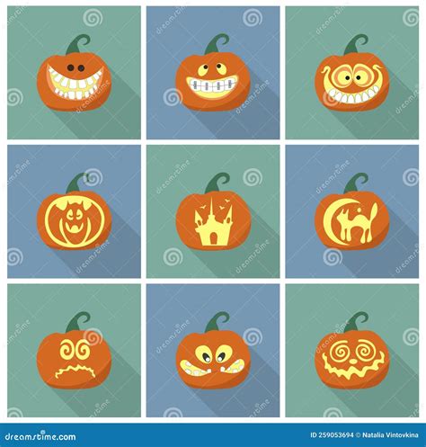 Set Of Cute Cartoon Pumpkins For Halloween Stock Vector Illustration