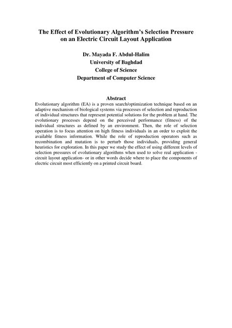 Pdf The Effect Of Evolutionary Algorithms Selection Pressure On An Electric Circuit Layout