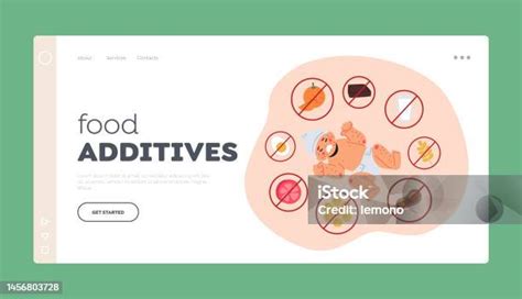 식품 첨가물 방문 페이지 템플릿입니다 음식 알레르기가있는 신생아 알레르기 증상이있는 불행한 우는 아기 아기에 대한 스톡 벡터 아트 및 기타 이미지 Istock