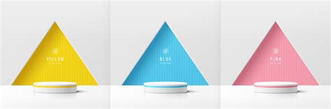 노란색 파란색 분홍색 삼각형 모양의 벽 장면이 있는 흰색 현실적인 3d 실린더 받침대 연단 추상 최소 벡터 렌더링 기하학적 형태 모형 제품 디스플레이 쇼케이스를 위한 무대