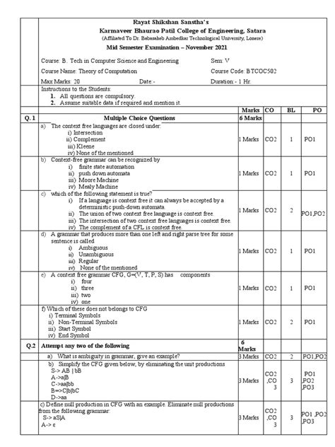 Toc Question Paper Mid Sem Exam Nov 2021 Download Free Pdf