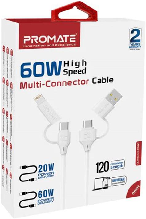 Promate 60w High Speed Multi Connector Cable 480mbps Data Transfer Rate Universal