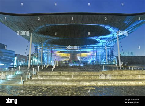 Welsh National Assembly Buiding Illuminated At Dusk Cardiff Bay Stock