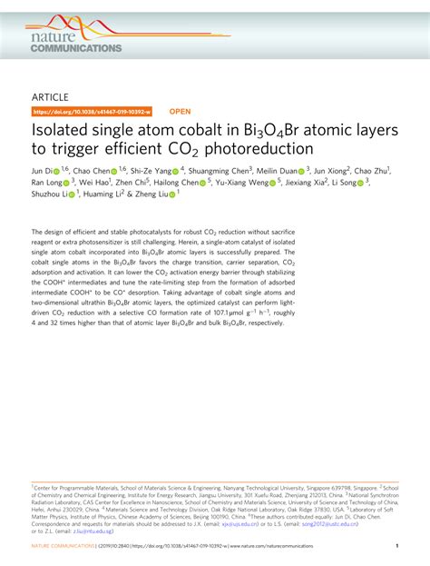 Pdf Isolated Single Atom Cobalt In Bi 3 O 4 Br Atomic Layers To