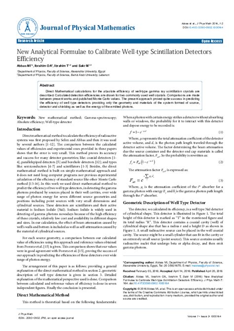 Pdf New Analytical Formulae To Calibrate Well Type Scintillation Detectors Efficiency
