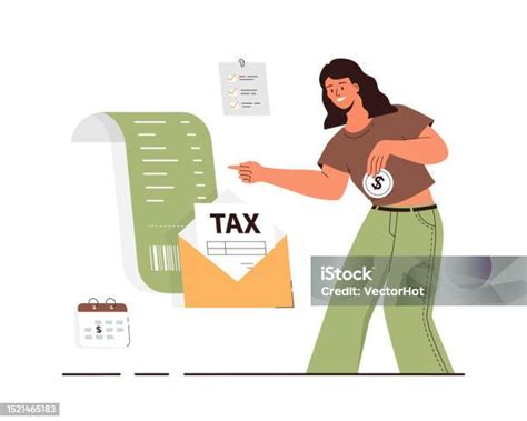세금 납부 개념 연방 과세 우편 세금 환급 우편 서비스 청구서 수표 송장 지불 봉투에 있는 세금 양식을 보고 있는 여자 만화 플랫 벡터 그림입니다 Internal