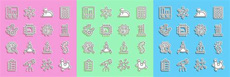 세트 라인 화학 공식 바이러스 스탠드에 테스트 튜브 플라스크 실험 마우스 프로세서 Cpu 의학 알약 그래프 차트 인포 그래픽 및