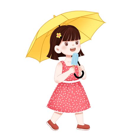 夏天打遮阳伞吃雪糕的女孩