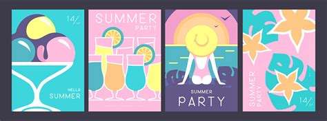 여름 속성을 가진 복고풍 여름 포스터 세트입니다 칵테일 실루엣 데킬라 일출 아이스크림 열대 잎 해변의 소녀 벡터 일러스트 레이 션 개체 그룹에 대한 스톡 벡터 아트 및 기타