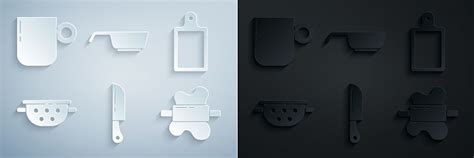 칼 도마 주방 소쿠리 반죽에 롤링 핀 프라이팬 및 커피 컵 아이콘을 설정합니다 벡터 3차원 형태에 대한 스톡 벡터 아트 및 기타 이미지 Istock