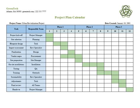 Project Plan Calendar Template Pdf