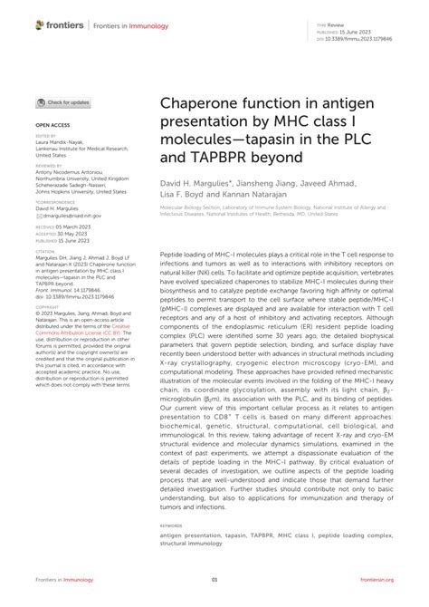 Pdf Chaperone Function In Antigen Presentation By Mhc Class I Molecules—tapasin In The Plc And