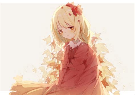 Safebooru 1girl Aki Shizuha Autumn Leaves Blonde Hair Blush Closed